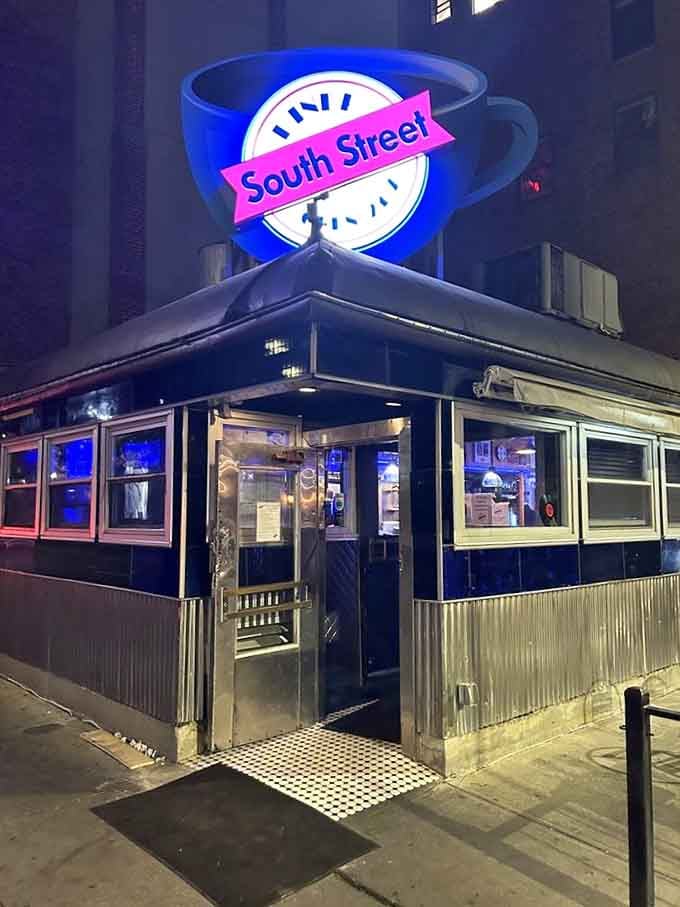 The corner entrance welcomes night owls and early birds alike, because time is just a suggestion here anyway.