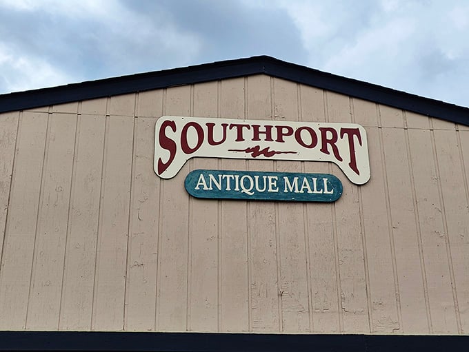 The Southport Antique Mall sign welcomes treasure hunters to what might become their new favorite weekend destination.