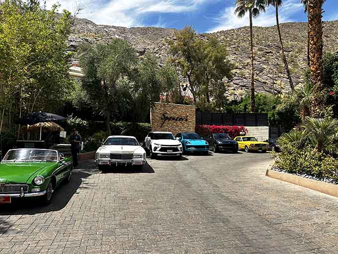 Classic cars in the parking lot suggest the clientele appreciates quality craftsmanship in all forms.