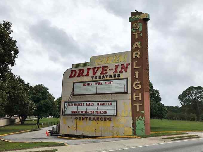 This weathered vintage sign has welcomed generations of moviegoers, standing proud as a monument to entertainment that endures.