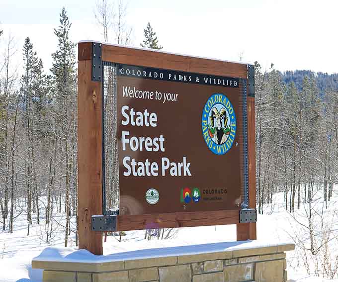 State Forest State Park's welcoming sign marks the entrance to Colorado's best-kept secret in the northern mountains.
