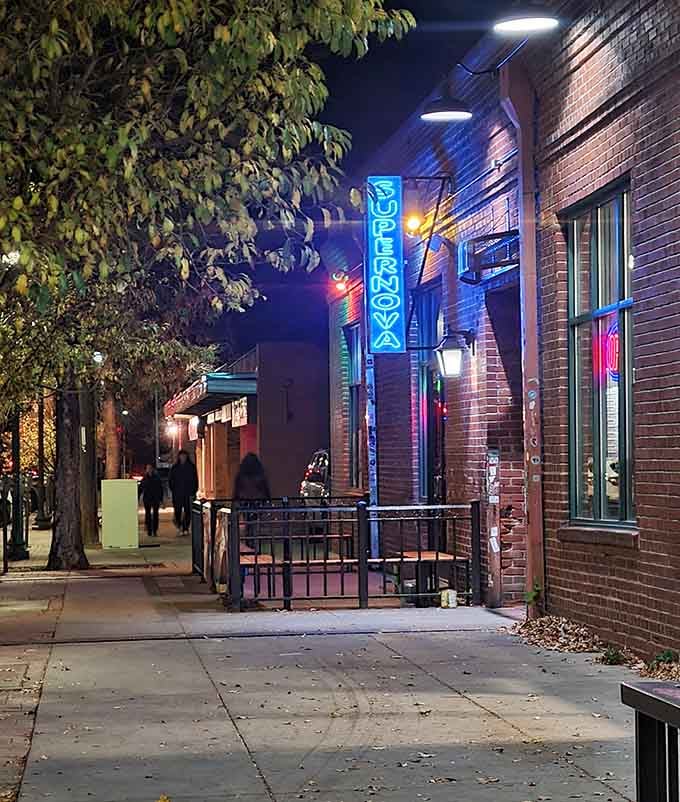 The exterior neon cuts through the night, promising refuge for those seeking quarters and quality entertainment.
