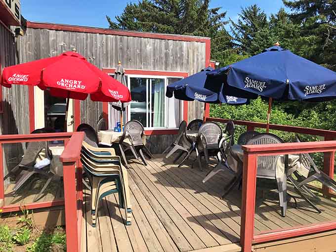 Outdoor seating with colorful umbrellas lets you enjoy Oregon's beautiful weather alongside your fantastic meal.