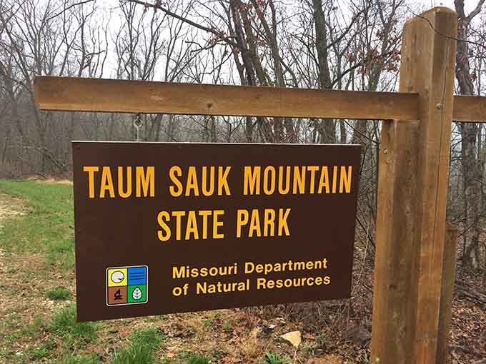 The welcome sign marks your arrival at Missouri's rooftop, where adventure begins just beyond the parking lot.