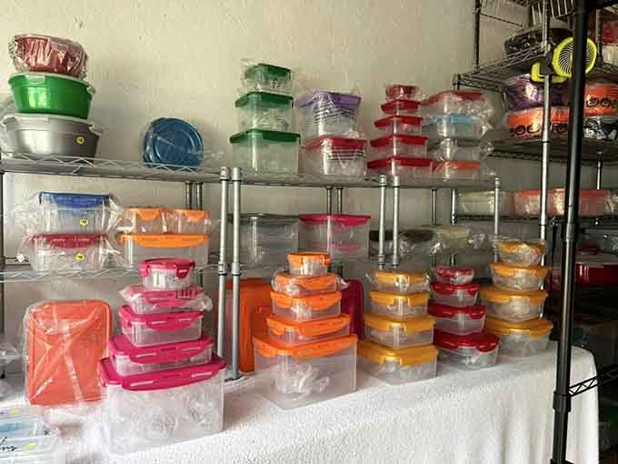 Food storage containers in every color imaginable, because apparently Tupperware parties never really ended, they just moved outdoors.