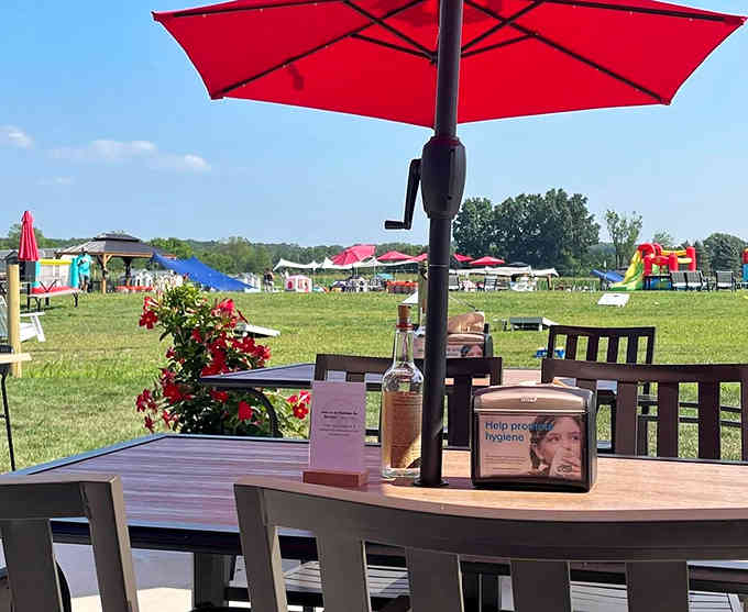 Picnic tables stretching across the lawn with colorful umbrellas dotting the landscape like a summer dream realized.