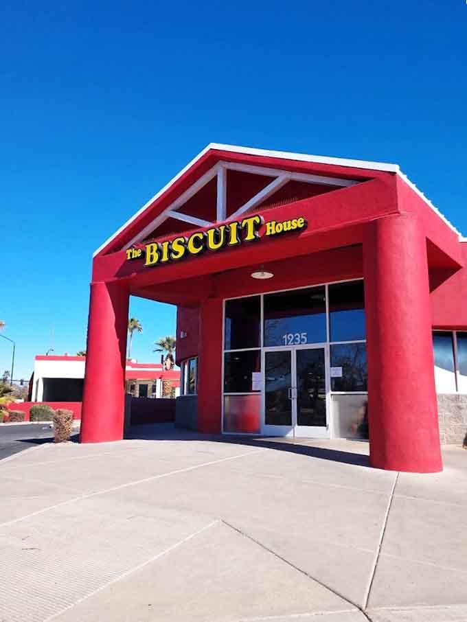 The distinctive red facade stands proud against the Arizona sky, impossible to miss and even harder to resist.