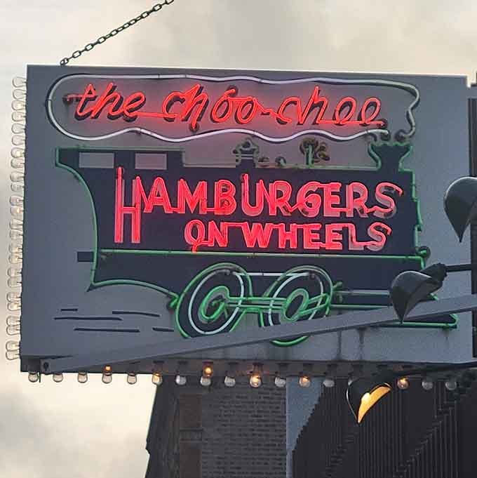 The iconic sign glows with retro charm, announcing hamburgers on wheels to anyone lucky enough to pass by this gem.