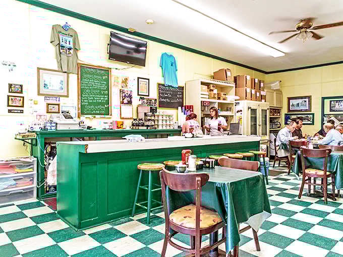 The classic counter with green trim and checkered floors takes you back to when diners were community gathering spots.