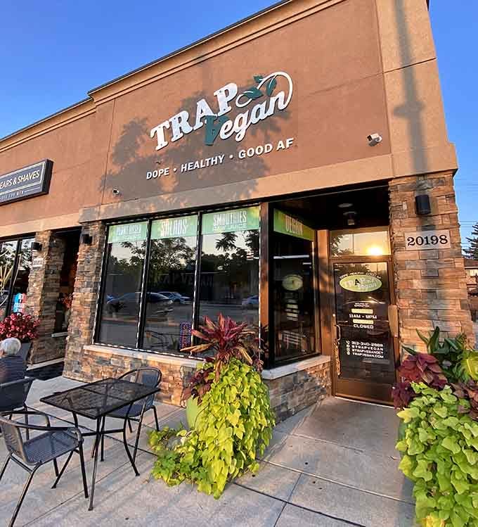 Evening glow on the storefront signals it's time for dinner that's dope, healthy, and good AF indeed.