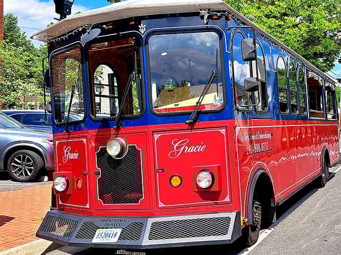 The trolley named Gracie waits patiently downtown, ready to whisk you away on your next unforgettable Virginia adventure.