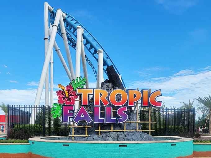 The Tropic Falls sign welcomes you to a place where calories don't count and responsibilities are temporarily suspended by management.