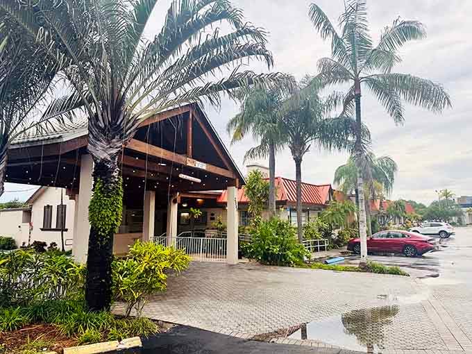 Rain or shine, those palm trees and welcoming entrance promise the same excellent meal every single visit.