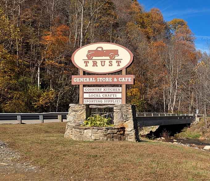 The roadside sign announces "General Store & Caf&eacute;" like a beacon of hope for travelers seeking authentic mountain hospitality and local crafts.