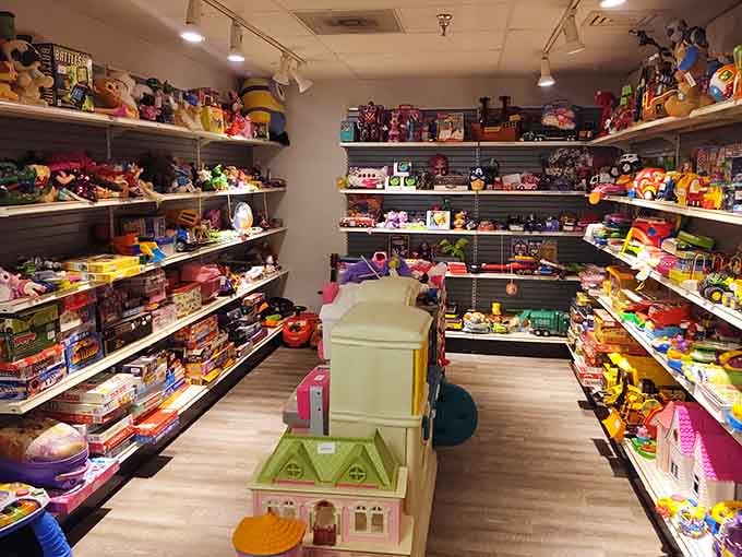 The toy section looks like childhood memories came to life, offering endless possibilities for kids and nostalgic adults alike.