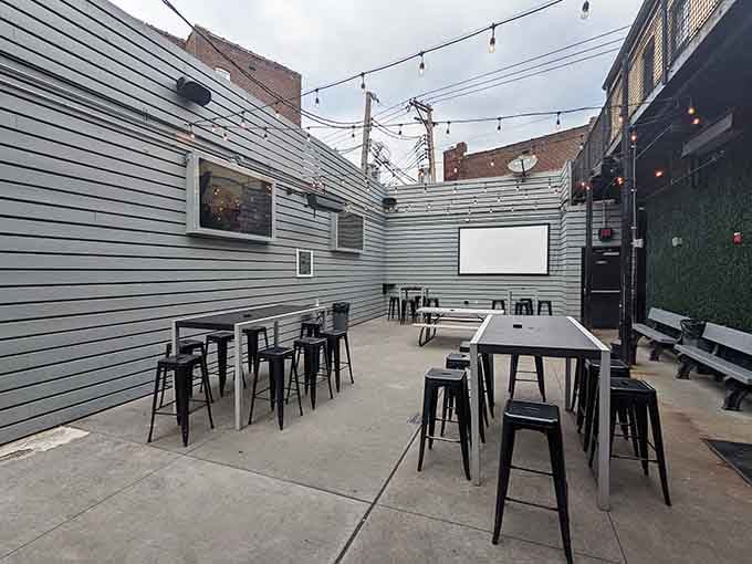 The outdoor patio offers fresh air and string lights, perfect for when you need a break from dominating at Galaga.