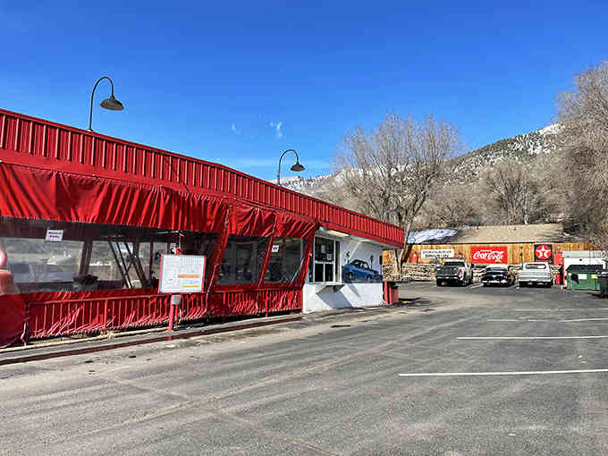 The full exterior view showing the red building that's become a landmark for anyone who appreciates honest, delicious food.