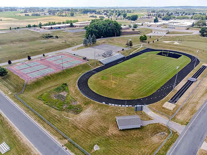 Aerial views reveal Viroqua's athletic facilities serving a community that values both competition and Friday night lights.