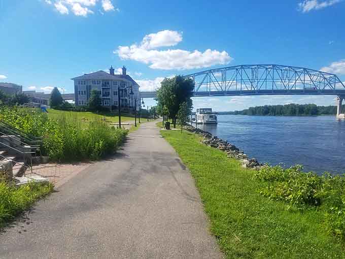 The riverfront trail and bridge create views that remind you Minnesota knows how to do scenery right.