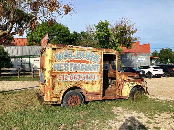 That rusty vintage truck out front is pure Texas charm, advertising the restaurant with character you can't buy new.