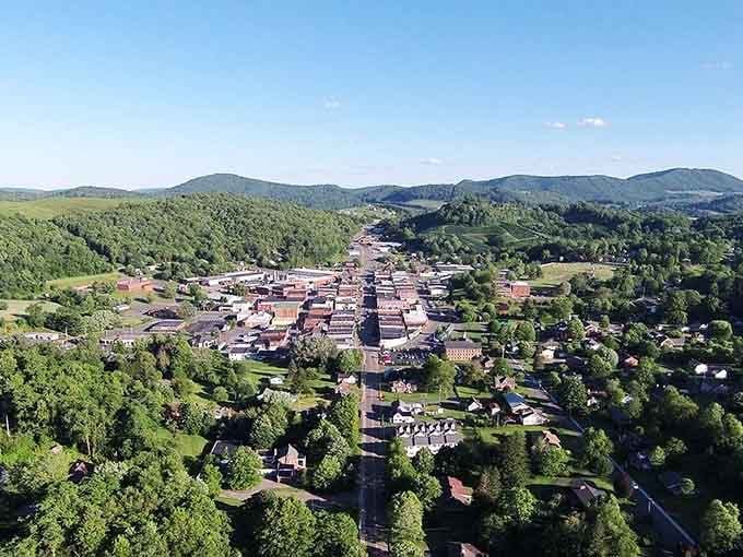 Aerial views reveal West Jefferson nestled in green valleys, a town that found its spot and stayed.