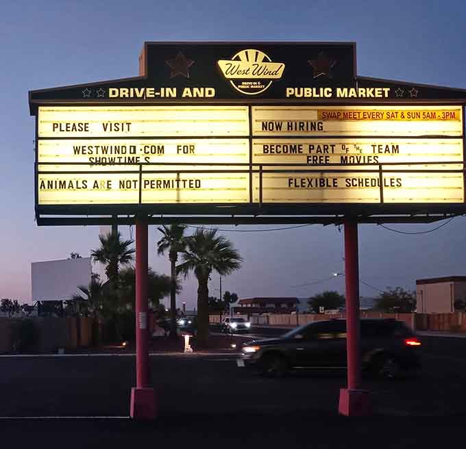 The marquee announces showtimes and job openings, keeping this slice of Americana alive for future generations.