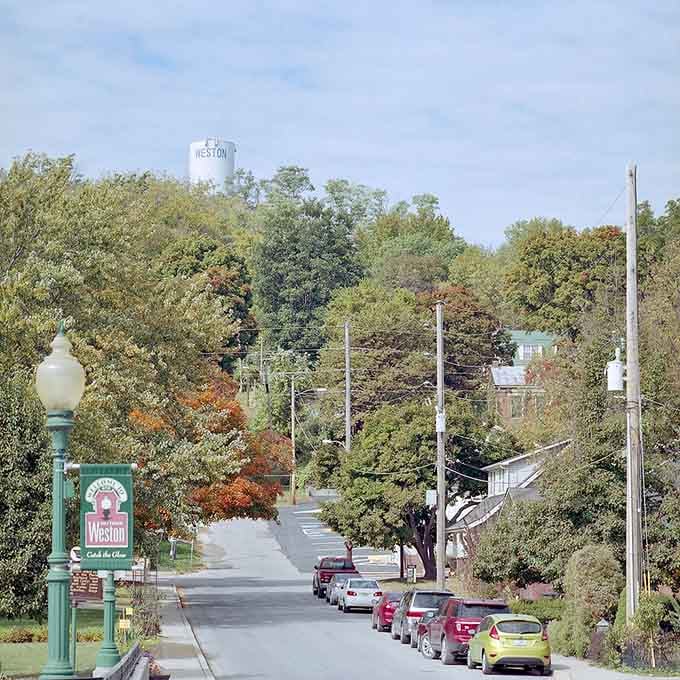 The water tower watches over town like a benevolent guardian, probably judging your parking job from up there.