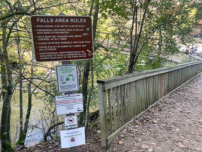 Park rules keep everyone safe, because apparently some folks need reminding that fireworks near waterfalls aren't brilliant.
