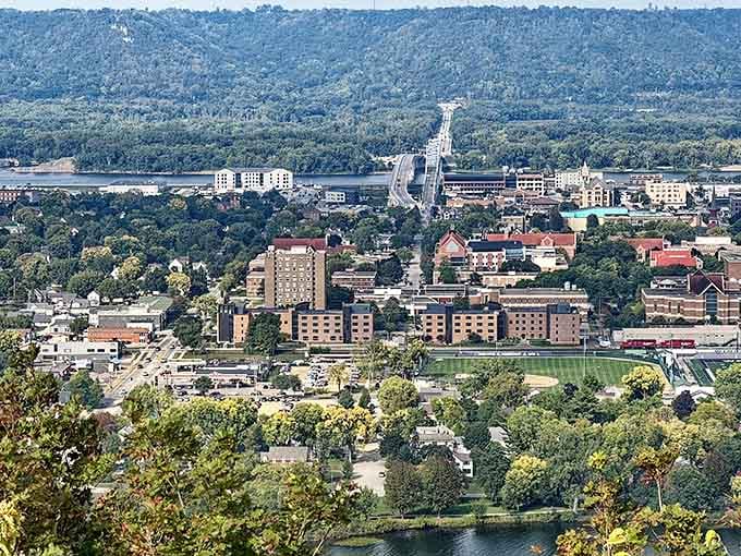 Aerial views reveal how the river, bluffs, and town nestle together in perfect harmony.