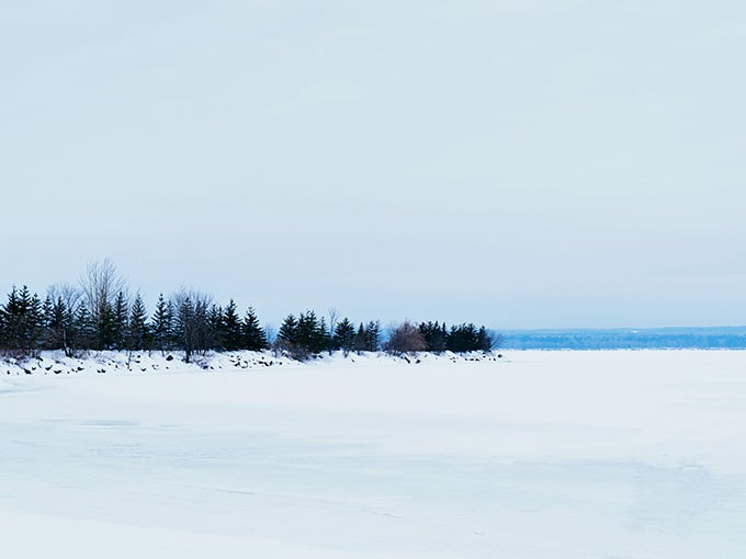 Winter's grip turns the lake into a frozen expanse that's both beautiful and slightly intimidating.