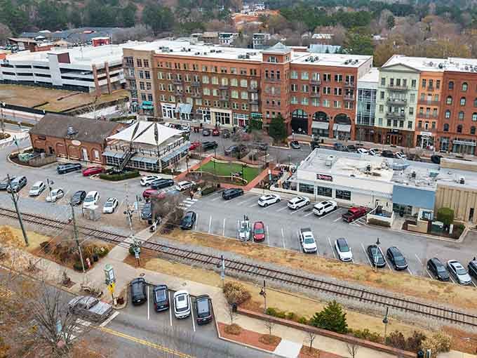 From above, Woodstock's downtown reveals its perfect walkable layout&mdash;a town planner's dream come true, honestly.