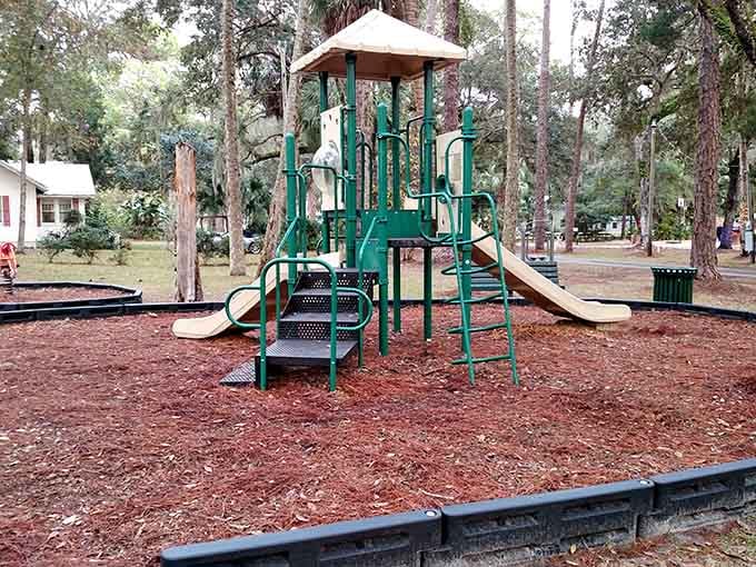 Even the playground sits under ancient oaks, because Yankeetown doesn't do anything without natural beauty involved.