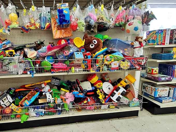 Toys tumbling from bins like a carnival prize booth, except here everyone wins at these prices.
