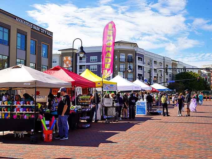 Colorful tents and happy crowds fill the plaza where community festivals bring everyone together under bright summer skies.