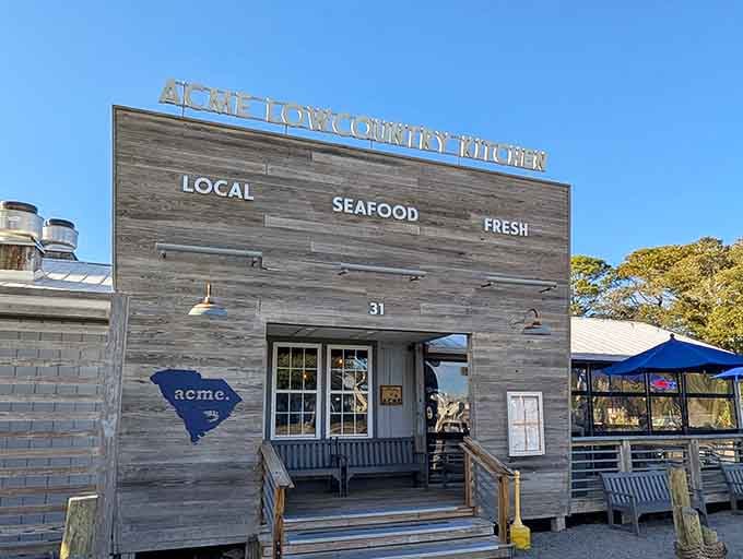 That weathered wood facade practically whispers "fresh seafood inside" &ndash; and those three magic words say it all.