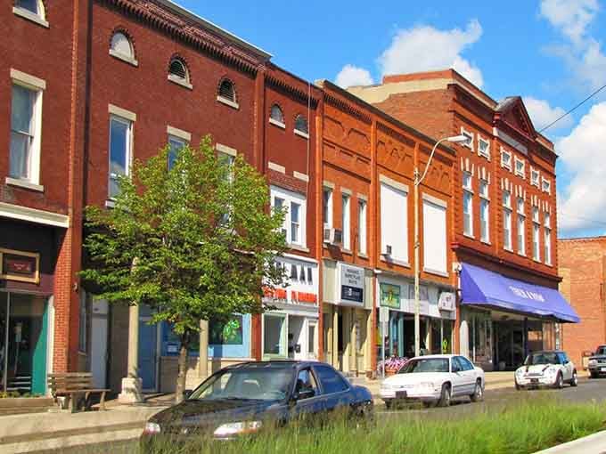 Classic brick storefronts line this charming street where every building tells a story worth hearing over coffee.
