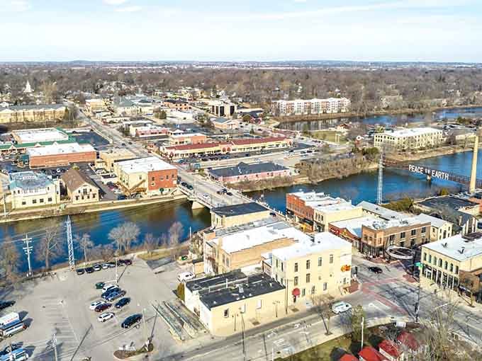 From above, Batavia spreads along the Fox River like a perfectly arranged postcard come to life.