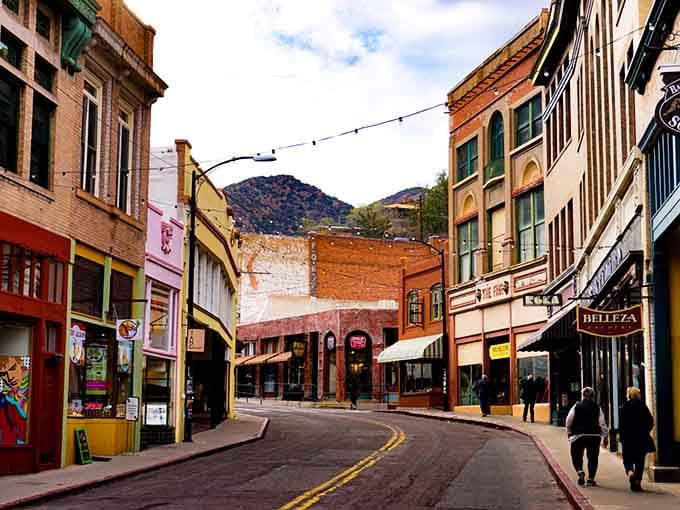 These rainbow-colored buildings climbing the hillside make Bisbee look like a paint store exploded beautifully.