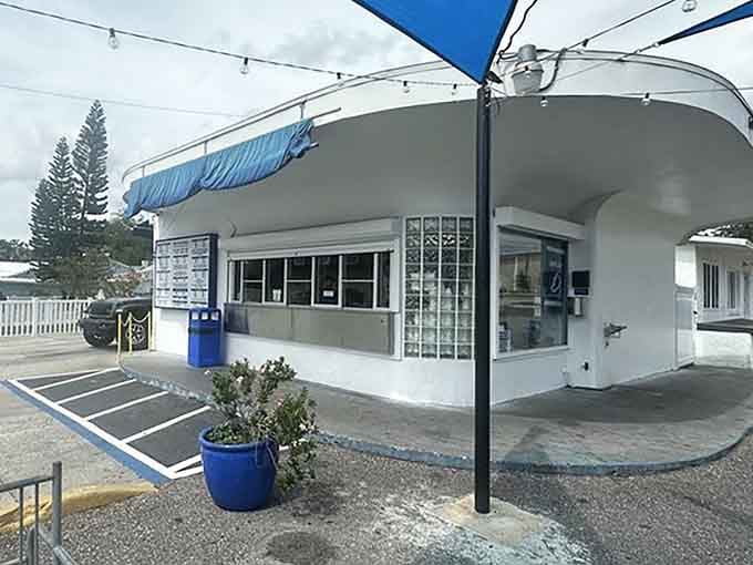 That curved architecture and blue awning signal serious soft serve ahead&mdash;this is where Tampa's ice cream dreams come true.