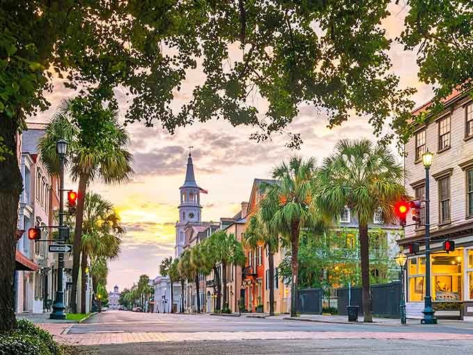 Golden hour transforms Charleston's historic streets into a living painting where palmetto trees meet church steeples perfectly.