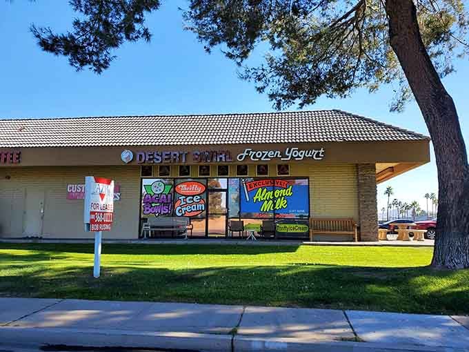 Strip mall treasure alert: Desert Swirl sits under shady trees, promising frozen yogurt that'll make you forget the heat.