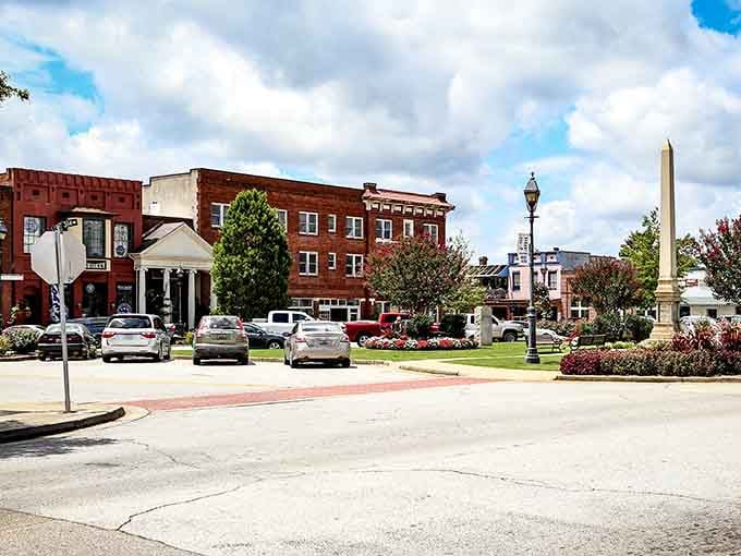This town square looks like it jumped straight out of a Norman Rockwell painting, complete with monument and charm.