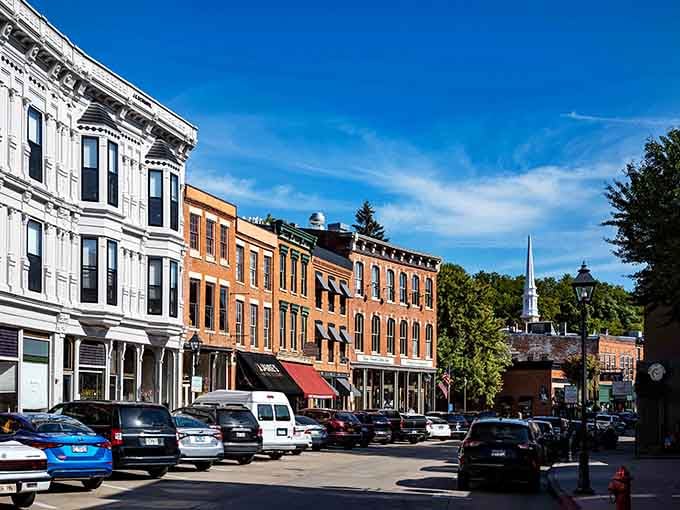 These brick beauties stand shoulder to shoulder like they're posing for their best angle under perfect blue skies.
