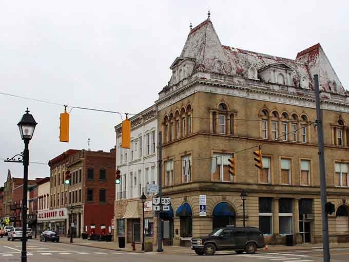 This grand corner building stands like a European palace dropped into small-town Ohio, complete with ornate details.