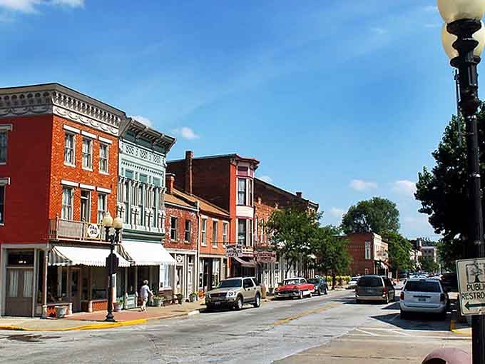 These colorful storefronts look like they stepped straight out of a Norman Rockwell painting come to life.