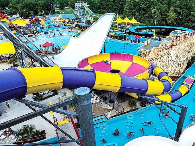 Those purple and yellow tubes twist like a rainbow roller coaster, delivering pure summer joy from above.
