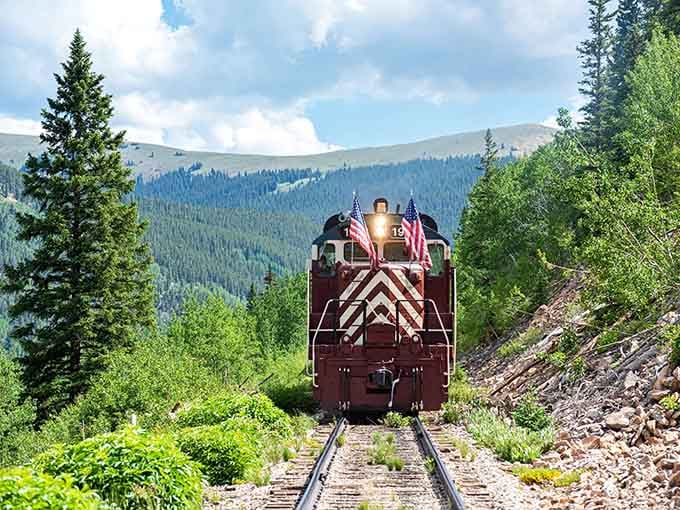 Two American flags proudly wave from this burgundy locomotive as it powers through endless evergreen forests and mountain peaks.