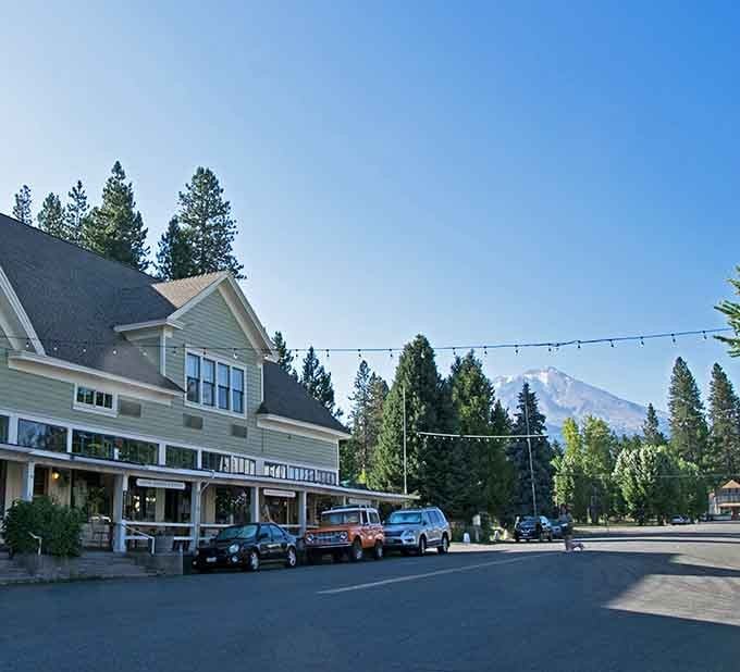 Mount Shasta towers over this charming main street like nature's own skyscraper watching over the neighborhood.