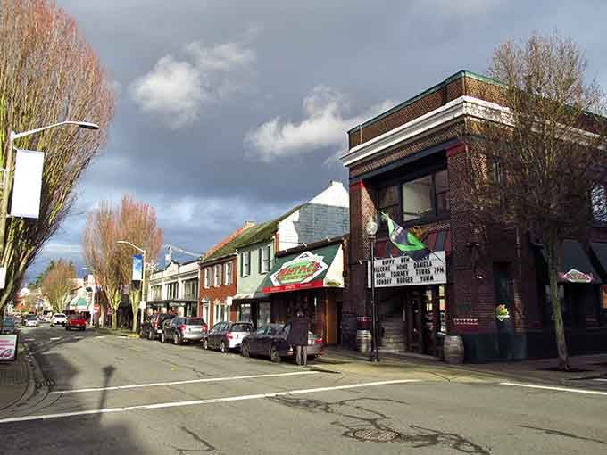Mount Vernon's historic downtown stretches beneath dramatic skies, where brick buildings and local shops create perfect walking territory.