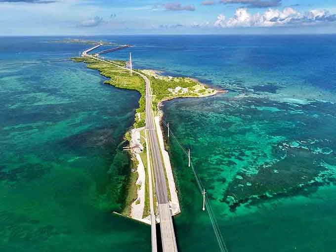Driving over water with emerald shallows on both sides &ndash; this is what paradise looks like from behind the wheel.